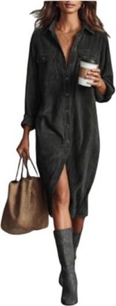 Generic Robe chemise midi boutonnée en velours côtelé pour femme, robe longue décontractée à revers confortable et douce avec poches, gris, XXL