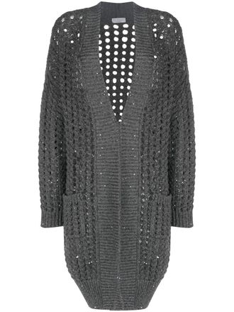 Brunello Cucinelli cardigan mi-long en maille ajourée à sequins brodés - Gris