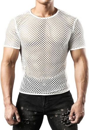 JOGAL Chemise transparente &agrave; manches courtes pour homme avec motif musculaire en filet, Blanc., XL