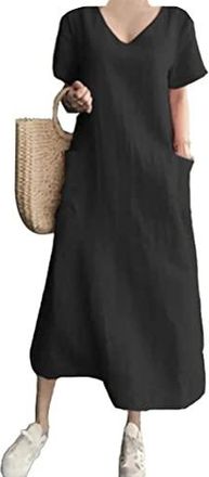 Onsoyours Femme Mini Robe Été Manche Courte Lin Robe de Plage Col en V Chemise Grande Taille Tunique Robe Fleurie Décontractée B Noir XL