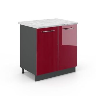 Vicco Meuble Bas sous-&eacute;vier Fame-Line, Rouge Bordeaux Haute Brillance/Anthracite, 80 cm avec &eacute;tag&egrave;re, PT Marbre