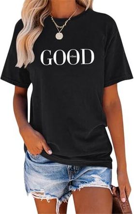 TOMWELL T-Shirt Femme Été Chemise à Manches Courtes T Shirt Imprimé Haut Col Rond Tee Shirt de Sport B Noir L
