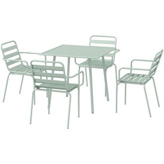 OUTSUNNY Salon de jardin 4 places 5 pi&egrave;ces - table &agrave; manger 4 chaises empilables - acier thermolaqu&eacute; vert de gris