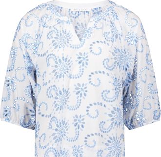 Betty & Co Damen Schlupfbluse mit Stickerei 36, Weiß/Blau
