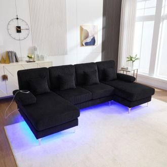 STILVORA Canap&eacute; Panoramique en U avec &Eacute;clairage LED et Port USB, 4 Coussins, Dossier Ergonomique en Velours Noir