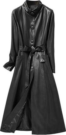 Generic Vestes longues en similicuir pour femme - Col montant - Trench - Blazer &agrave; simple boutonnage ouvert sur le devant - Avec ceinture, Noir, 3XL