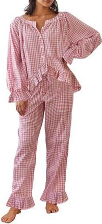 Generic Y2K Ensemble de pyjama vichy pour femme 2 pi&egrave;ces en gaze de coton avec manches bouffantes et pantalon &agrave; volants, rose, L