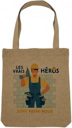 Fabulous Sac Shopping Tote Bag Aspect Lin - Les Vrais H&eacute;ros - Ma&ccedil;on Bricoleur Maison M&eacute;tier Sac de Courses Toile Epaisse 360g Beige Naturel Cabas Port&eacute; Epaule 