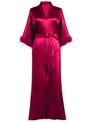 prodesign denmark Peignoir Long Femme en Satin Robe de chambre Longue en satin avec bordure en Plumes pour Femme Taille Unique (Rouge vineux)