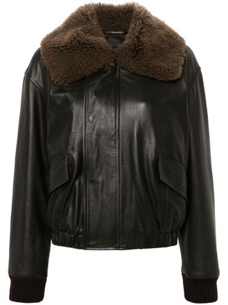 Christophe Lemaire veste en cuir à col en peau lainée - Marron