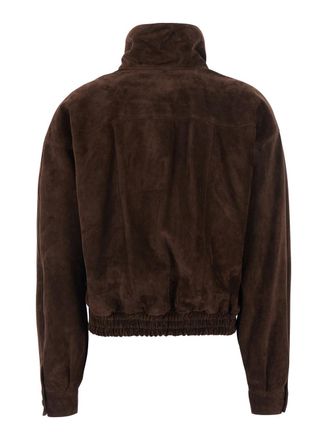 Saint Laurent Womens Jacket With Raised Collar Brown Suede Calf Leather Coat