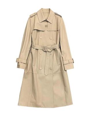 Generic Manteau en cuir pour femme - Double boutonnage ceinture revers mode v&eacute;ritable peau de mouton mince Trench Coat, abricot, L