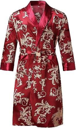 Generic Pyjama imprim&eacute; &agrave; manches longues en soie glac&eacute;e pour homme, bordeaux, 3XL