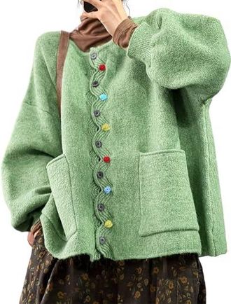 Minetom Gilet Femme Cardigan Ample Chaud Pull Veste avec Boutons Oversize Manches Longues Automne Hiver Tricot Manteau avec Poches A Vert XL