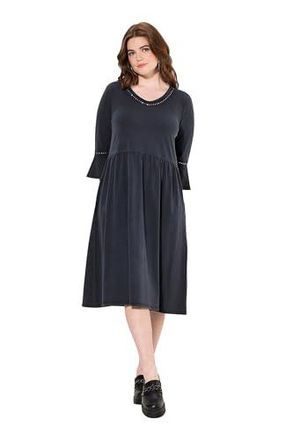 Ulla Popken Jerseykleid, Rollkanten, A-Linie, V-Ausschnitt, 3/4-arm Robe, Noir, 54-56 Femmes