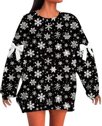 Generic Pull de Noël tendance et décontracté à manches longues avec noeud papillon mignon pour femme, motif arbre de Noël pailleté, flocon de neige, verres à 