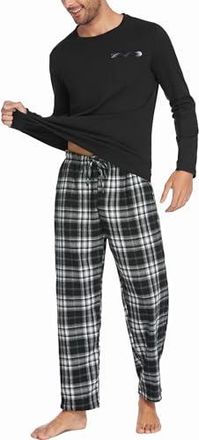 Ekouaer Pyjama Long en Coton pour Homme, Ensemble de vêtements de Nuit à col Rond, Chemise à Manches Longues et Pantalon de Pyjama Deux pièces avec Poche Noir