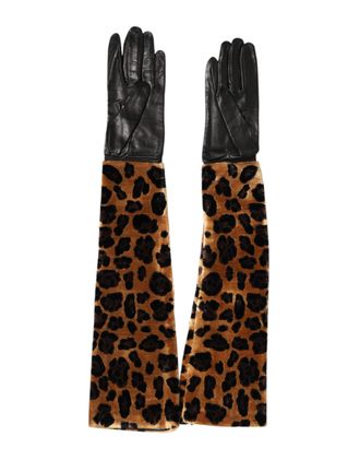 Dolce & Gabbana Womens Brown Black Leopard Leather Elbow Length Mitten Gloves And Vi+lamb