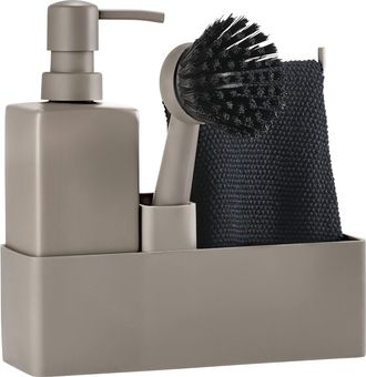 Zone Denmark Geschirrspülset, Spülorganizer mit Seifenspender/Spülmittelspender, Spültuch und Spülbürste, 19 x 6 x 20,5 cm, Set mit 4 Teilen, Taupe