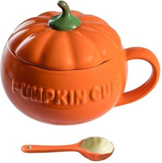 Angoily Mug Citrouille En C&eacute;ramique 250 Ml Avec Couvercle Et Cuill&egrave;re Mug Automne Pour Caf&eacute; Et Th&eacute; Tasse Originale Pour D&eacute;coration Halloween Et Cadeau