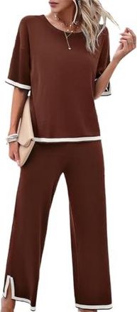 OLIPHEE Femme Ensemble Tricoté 2 Pièces Ensemble Femme Chic et Elegant Pull Femme Manches Courtes Pull Tricoté et Pantalon à Jambes Larges Loungewear Top Casu