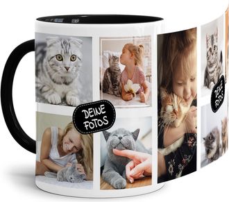 Tassendruck Foto-Tasse zum selbst gestalten mit Foto-Collage f&uuml;r 8 Wunschfotos - Geschenk f&uuml;r Familie, Freunde, Geburtstag, Weihnachten - Keramik Innen & Henkel S