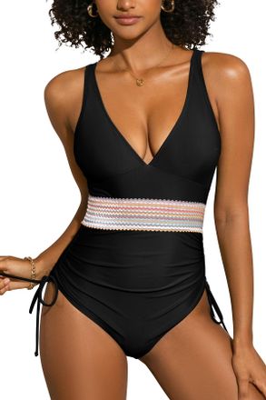 SHEKINI Frauen V-Ausschnitt Bauchkontrolle Badeanz&uuml;ge EIN St&uuml;ck Abnehmen Badeanzug Farbblock Kordelzug Badeanz&uuml;ge (XL, Schwarz)