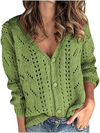 Generic Cardigan en crochet pour femme, cardigan &agrave; manches longues, cardigan court ajour&eacute; de couleur pure, pull en tricot &agrave; simple boutonnage, pull ouvert sur