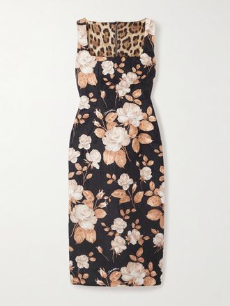 Dolce & Gabbana Robe Midi En Jacquard De Coton Et De Soie Mélangés À Imprimé Fleuri - Noir