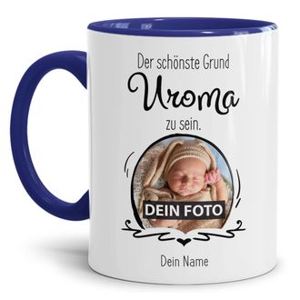 Tassendruck Tasse mit Spruch - Der sch&ouml;nste Grund Uroma zu sein - Personalisierbare Keramiktasse mit Namen und Foto - Geschenk Uroma - Innen & Henkel Dunkelblau, 