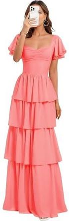 Generic Robe de demoiselle dhonneur en mousseline de soie à volants à manches courtes en coeur Robe dinvité de mariage Robe de soirée formelle Robes de bal, c