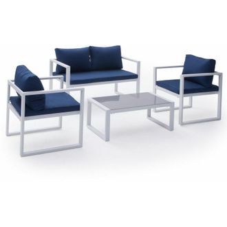 Happy Garden Happy Garden - Salon de jardin ibiza en tissu bleu 4 places - aluminium blanc