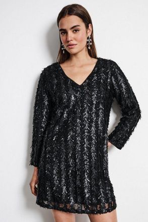 Next Paillettenkleid Lang&auml;rmeliges Pailletten-Minikleid V-Ausschnitt (1-tlg)