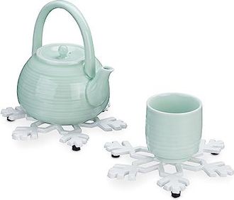 Relaxdays Topfuntersetzer Schneeflocke 2er Set, HBT: 1,5x18x18 cm, Untersetzer, für Teekanne & Pfanne, Gusseisen, weiß
