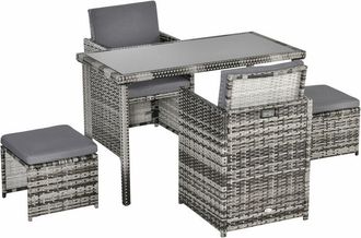 OUTSUNNY Polyrattan Sitzgruppe Essgruppe Gartenset Garnitur 5 tlg. mit Kissen, Grau