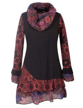 vishes Midikleid Langarm Mandala R&uuml;schen-Kleid mit Kapuzenschal Elfen, Boho, Goa Hippie Style