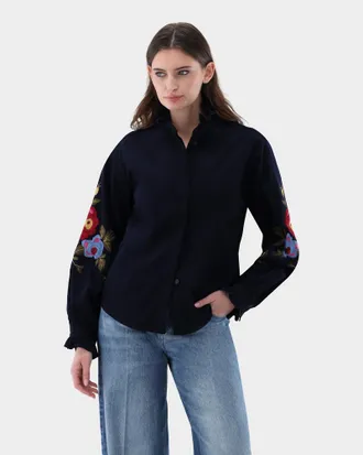 van Laack Bluse mit Bestickten &Auml;rmeln und R&uuml;schenkragen