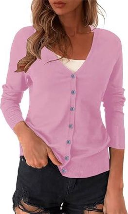 Generic Cardigan en tricot pour femme - Léger - Col en V - Boutonné - Couleur unie - Pull en tricot à manches longues - Doux au toucher - Tailles S à 3XL, ros