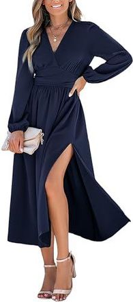 Cupshe Robes dautomne pour femmes, col en V, manches longues, tunique fendue à la taille, couleur unie, robe midi décontractée, bleu marine, Taille XL
