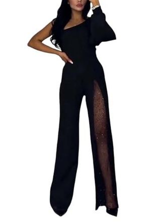 Minetom Combinaison Femme Chic &Eacute;paules D&eacute;nud&eacute;es Jumpsuit Une Pi&egrave;ce Tenue Mariage Soir&eacute;e F&ecirc;te Overall A Noir XXL