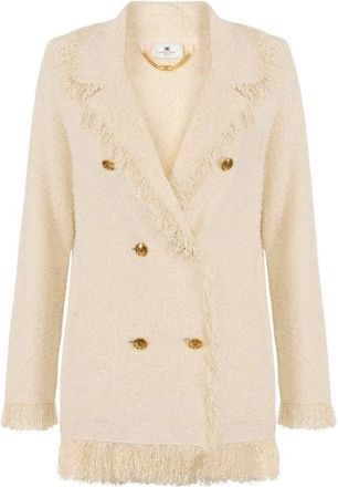 Elisabetta Franchi Femme, Vestes, Jaune, Taille: 38 FR Veste en maille boucl&eacute;e avec franges