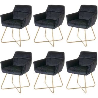 Hhg 6er-Set Esszimmerstuhl 528, Stuhl K&uuml;chenstuhl, Retro Design Samt goldene F&uuml;&szlig;e schwarz