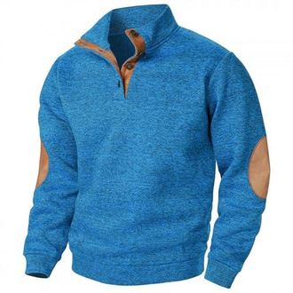 Generic Pull en tricot torsad&eacute; &agrave; col montant pour homme, pull &agrave; col montant 1/4 de bouton, sweat-shirt jacquard tricot&eacute; avec patch au coude, bleu, 3XL