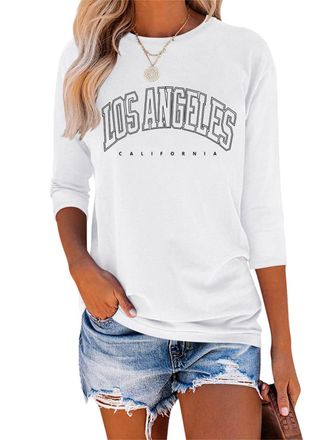 TOMWELL T-Shirt Damen 3/4 Arm Shirt Rundhals Grafik Druck Tshirt Sommer Leichte Pullover Oberteile B Wei&szlig; M