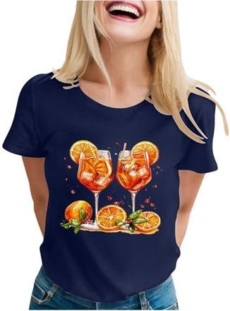 Generic T-shirt d&eacute;contract&eacute; pour femme avec col rond et imprim&eacute;, manches courtes, Marine, 3XL