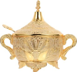 Hemoton Vintage-Metall-Zuckerdose mit Deckel und L&ouml;ffel, f&uuml;r die K&uuml;che, zur Aufbewahrung von Lebensmitteln, goldfarben