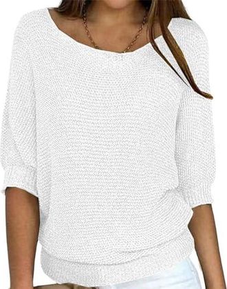 Generic Ideacloth - Chandail léger et décontracté à manches 3/4 pour femme, pull surdimensionné à coupe ample, haut en tricot décontracté, blanc, M