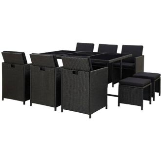 vidaXL 11-tlg. Garten-Essgruppe mit Auflagen Poly Rattan Schwarz vidaXL