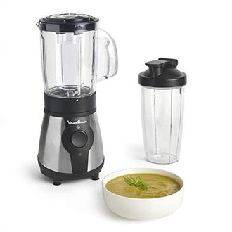 Moulinex Blender mixeur électrique, Puissance 300 W, Gourde plastique 750 ml, 4 lames amovibles, Finitions acier inoxydable, Smoothies frais et sains LM1B1D10,
