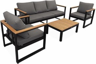 Sweeek 5-Sitzer Gartengarnitur aus Aluminium und Eukalyptus Schwarz / Dunkelgrau